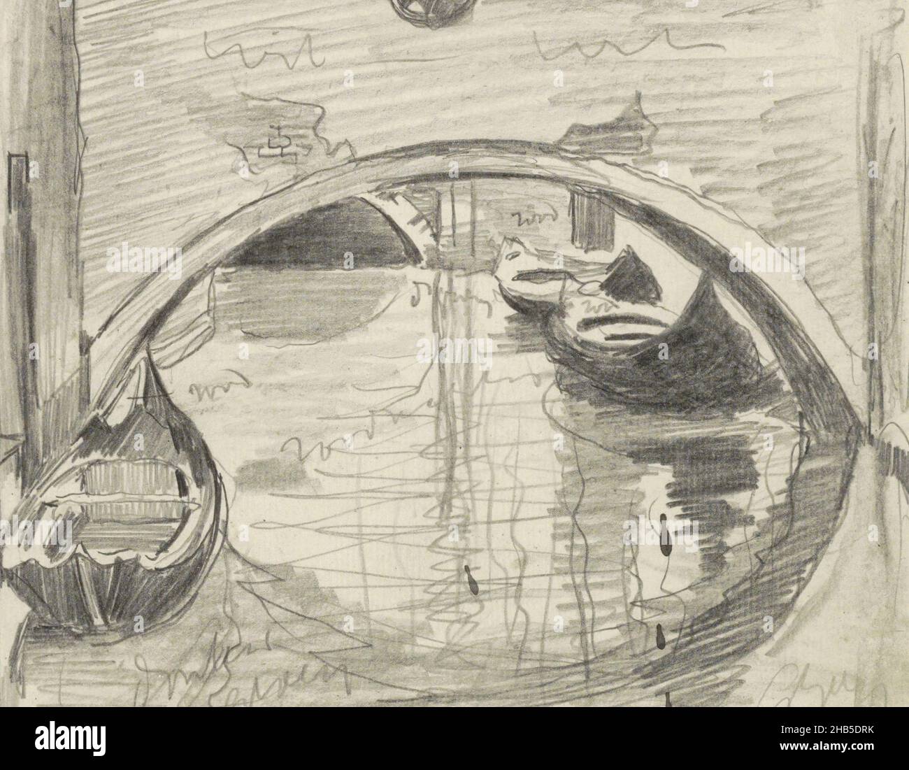 Page 33 from a sketchbook with 26 sheets, Gondolas under a bridge in Venice., draughtsman ...