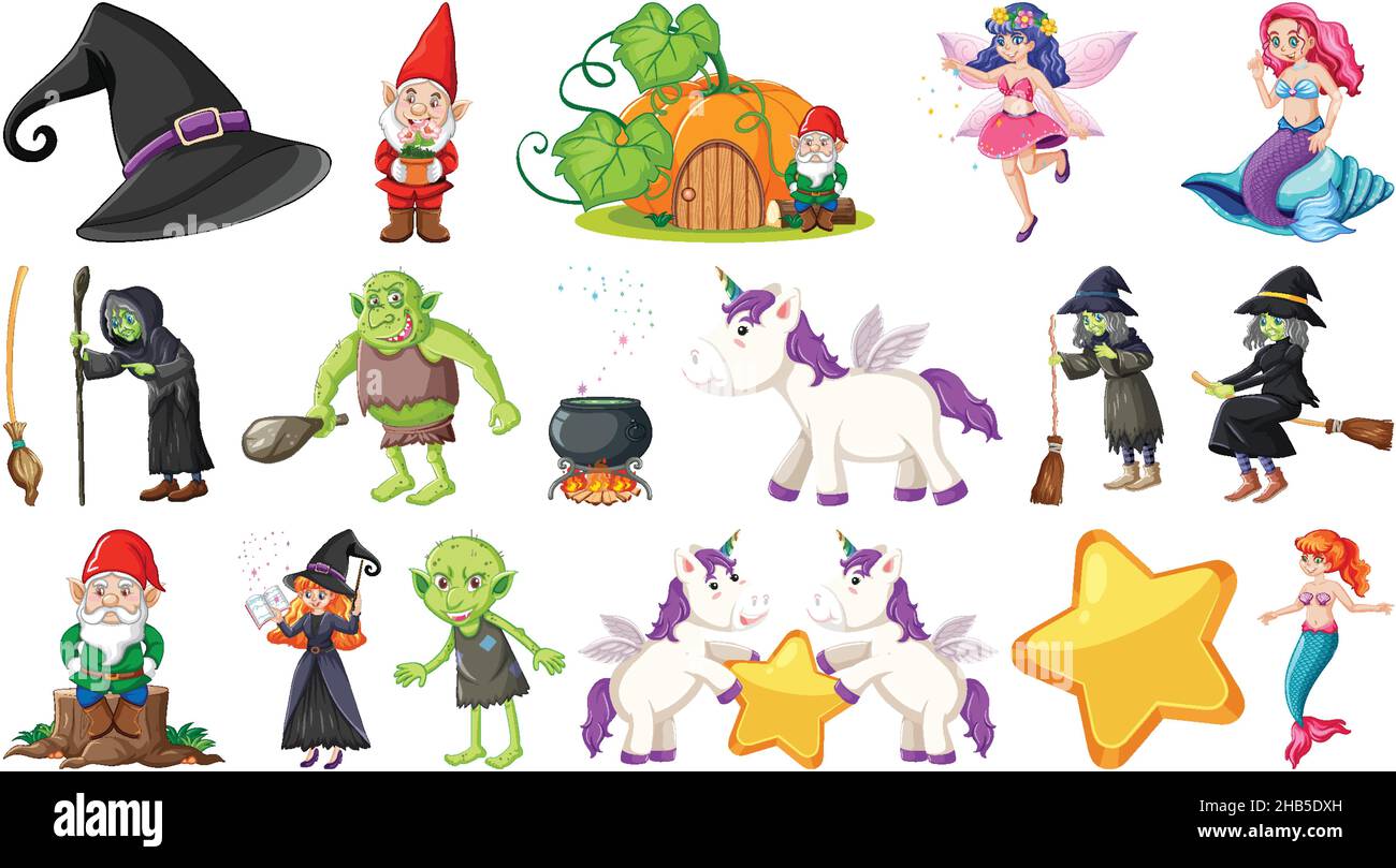 Set of fantasy fairy tale characters and elements illustration Stock ...