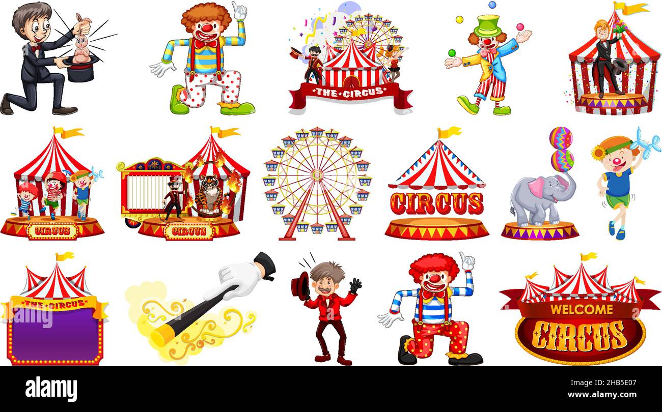 Set of circus characters and amusement park elements illustration Stock ...