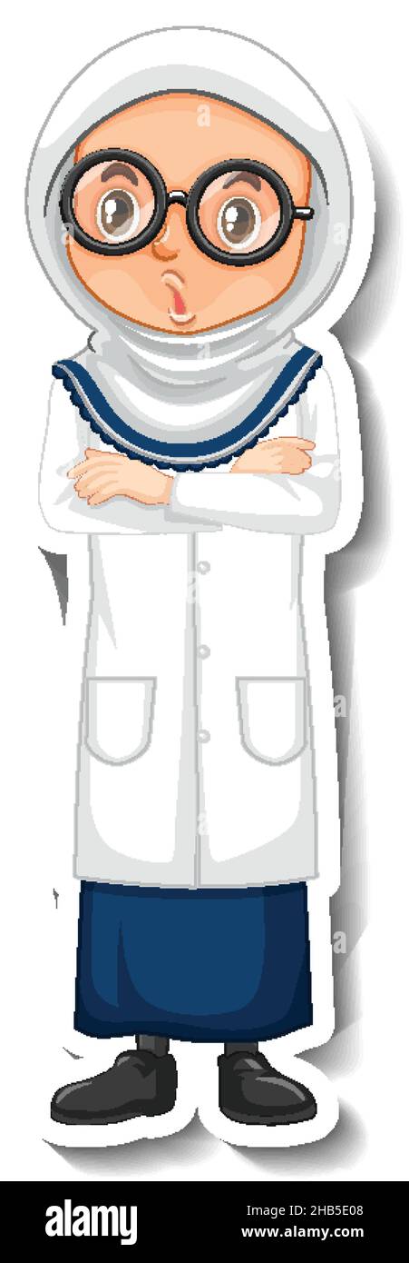 Scientist muslim girl cartoon character sticker illustration Stock ...