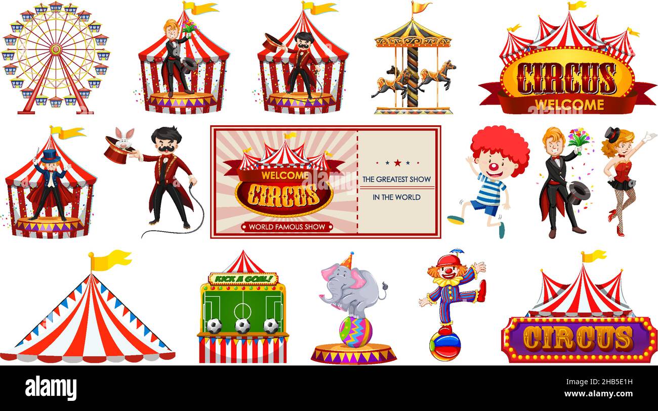 Set of circus characters and amusement park elements illustration Stock ...