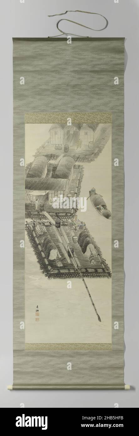 Rafters on river, Three wooden rafts float down the river on a summer ...