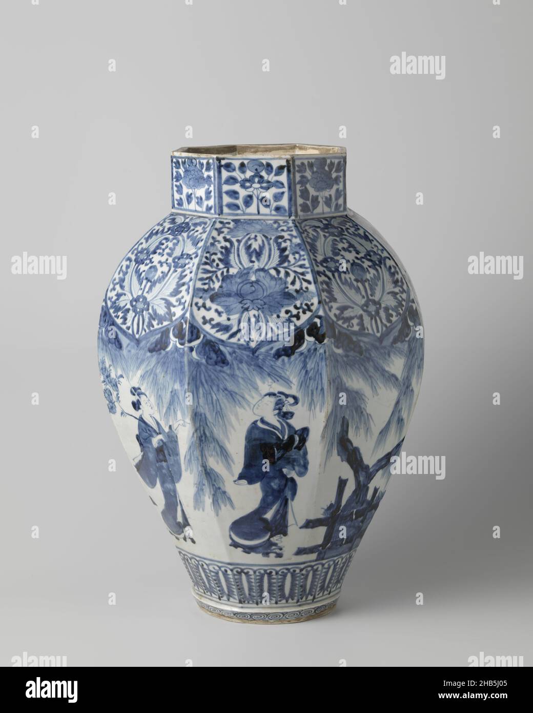 Octagonal, ovoid jar with women in a garden and floral scrolls ...