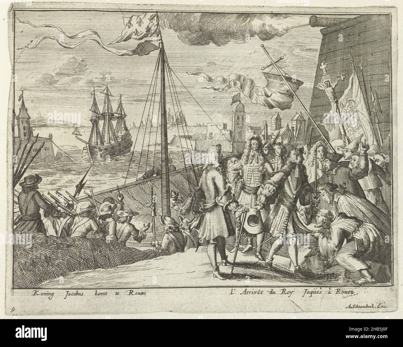 James II arrives at Rouen, 1690, King James arrives at Rouan (title on ...