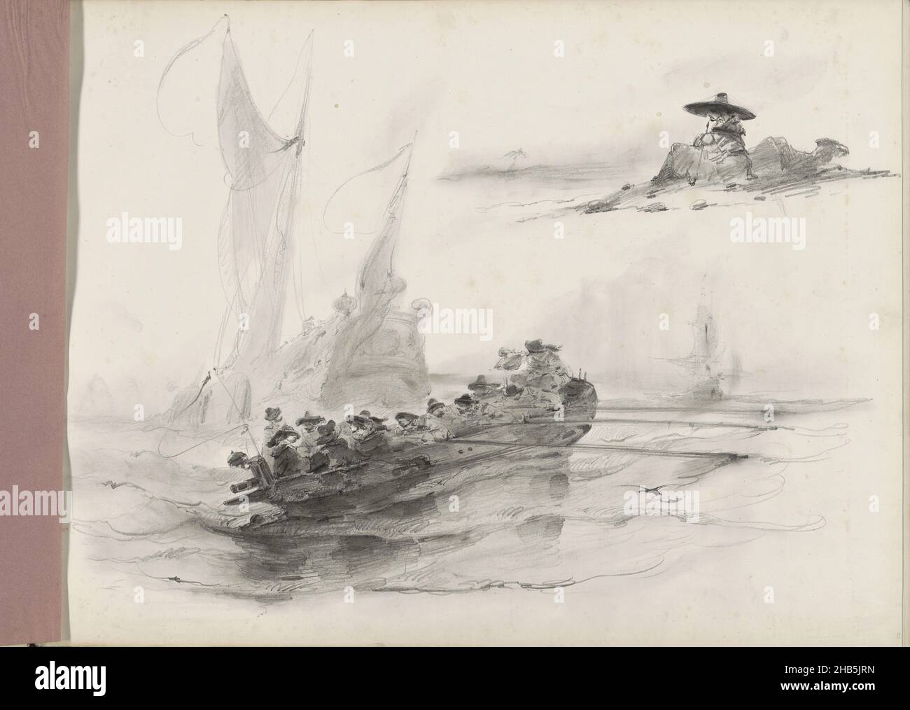 Rowing boat with figures near a two-master, the man at the bow of the ...