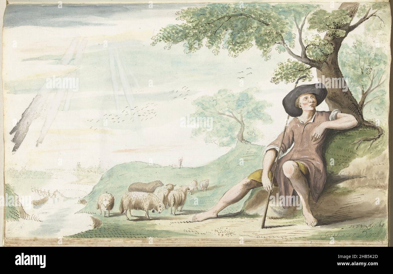Shepherd resting under a tree with his flock Stock Photo - Alamy