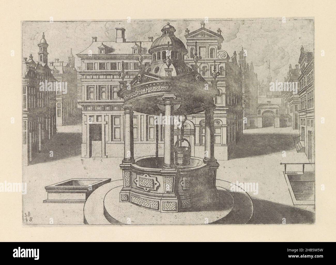 Round well in front of a city palace in a square, Water wells (series ...