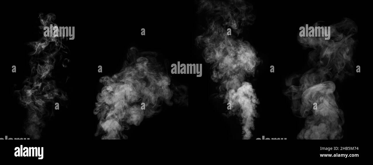 Fog or smoke set isolated on black background. White cloudiness, mist ...
