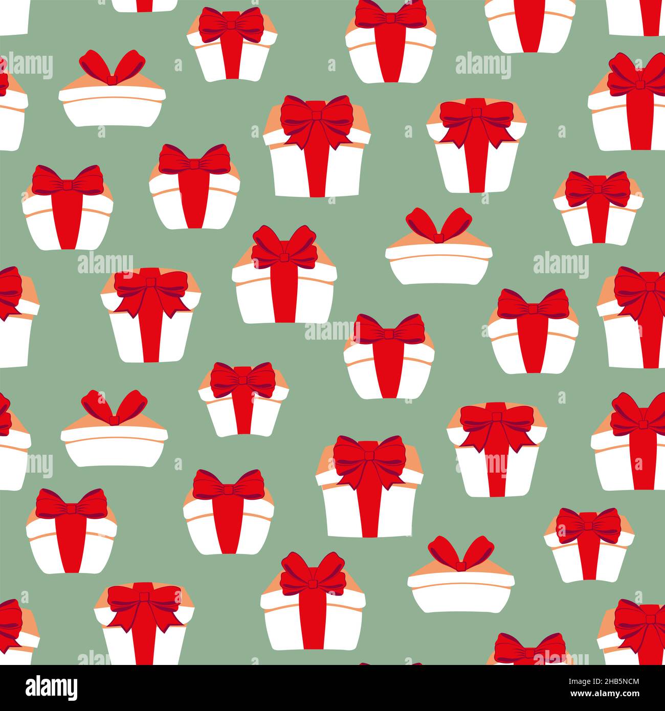 White cartoon gift boxes with red ribbon on a green background ...