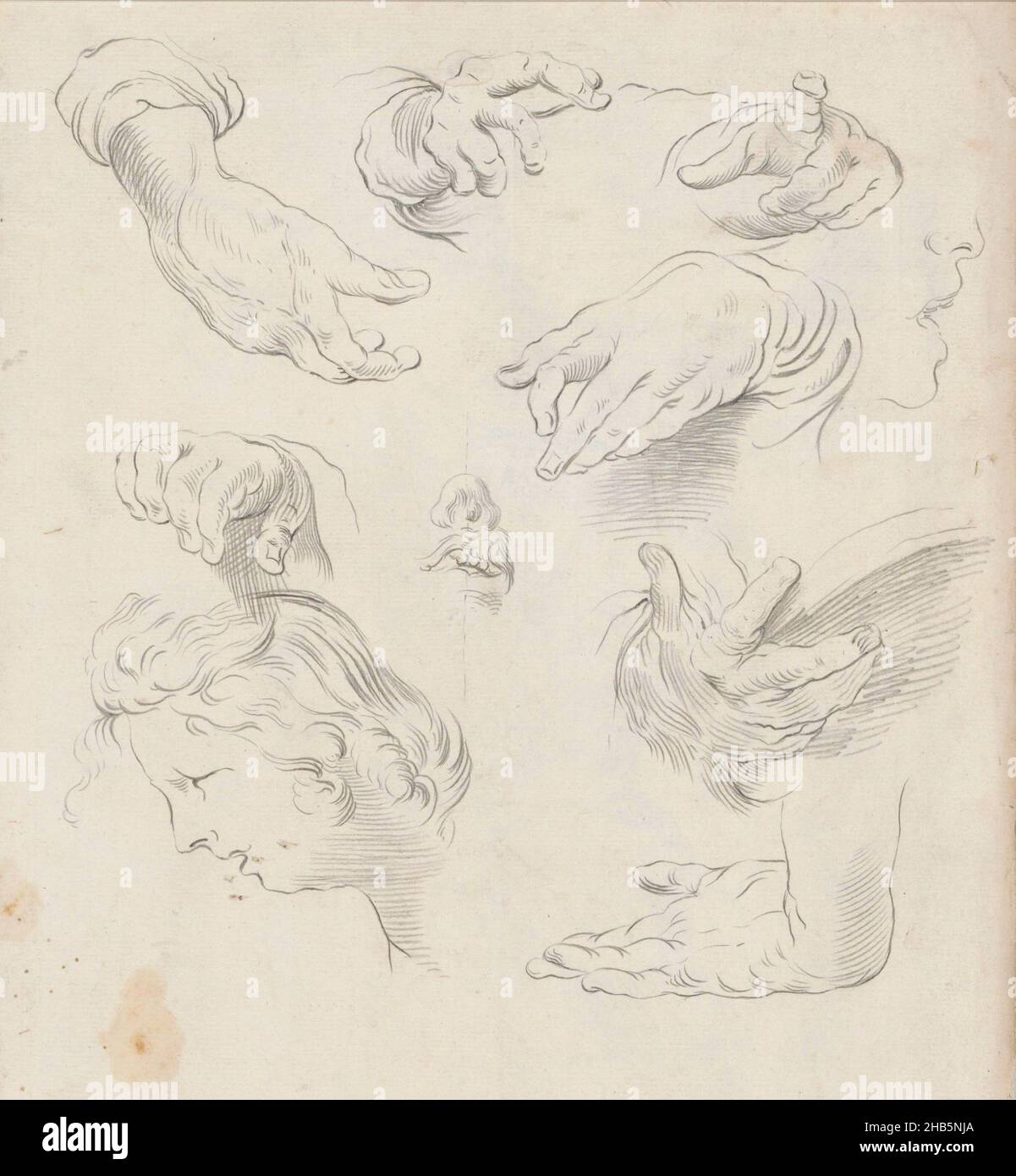 Study sheet with hands, a head and face, Sheet 62 recto from a ...