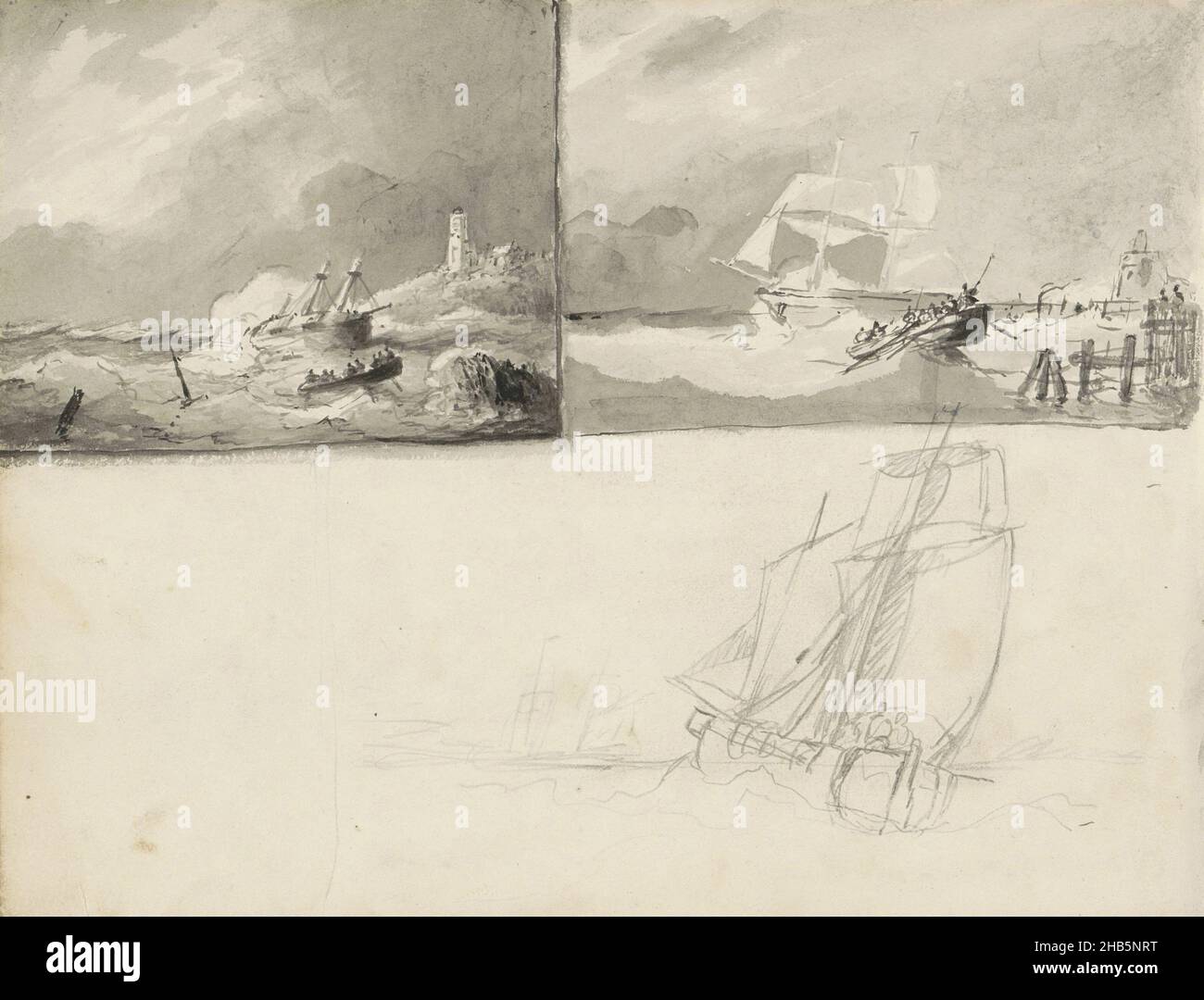 Three seascapes, Two studies of ships (in distress) off a coast and of ...