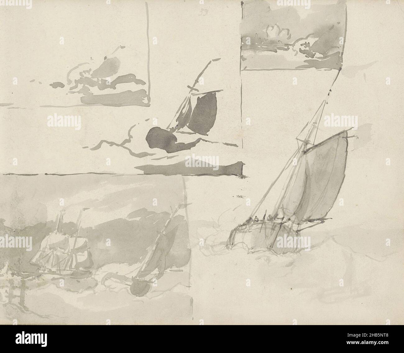 Study sheet of seascapes, Studies of sailing ships at sea. Sheet 16 ...