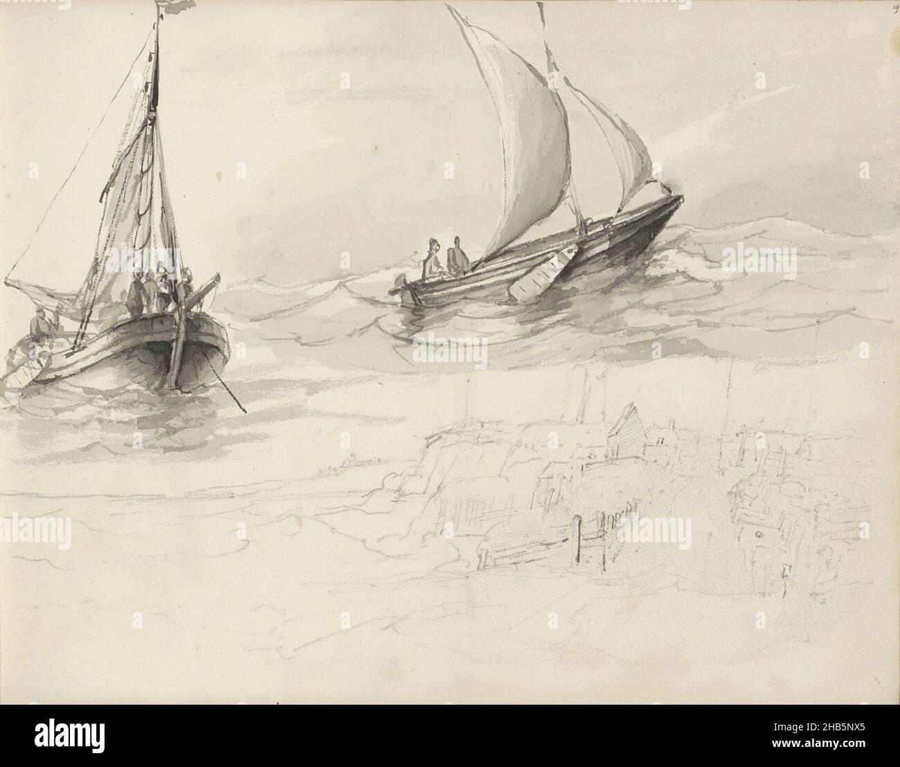 Two sailing ships with figures at sea, Also a view of a road in a ...