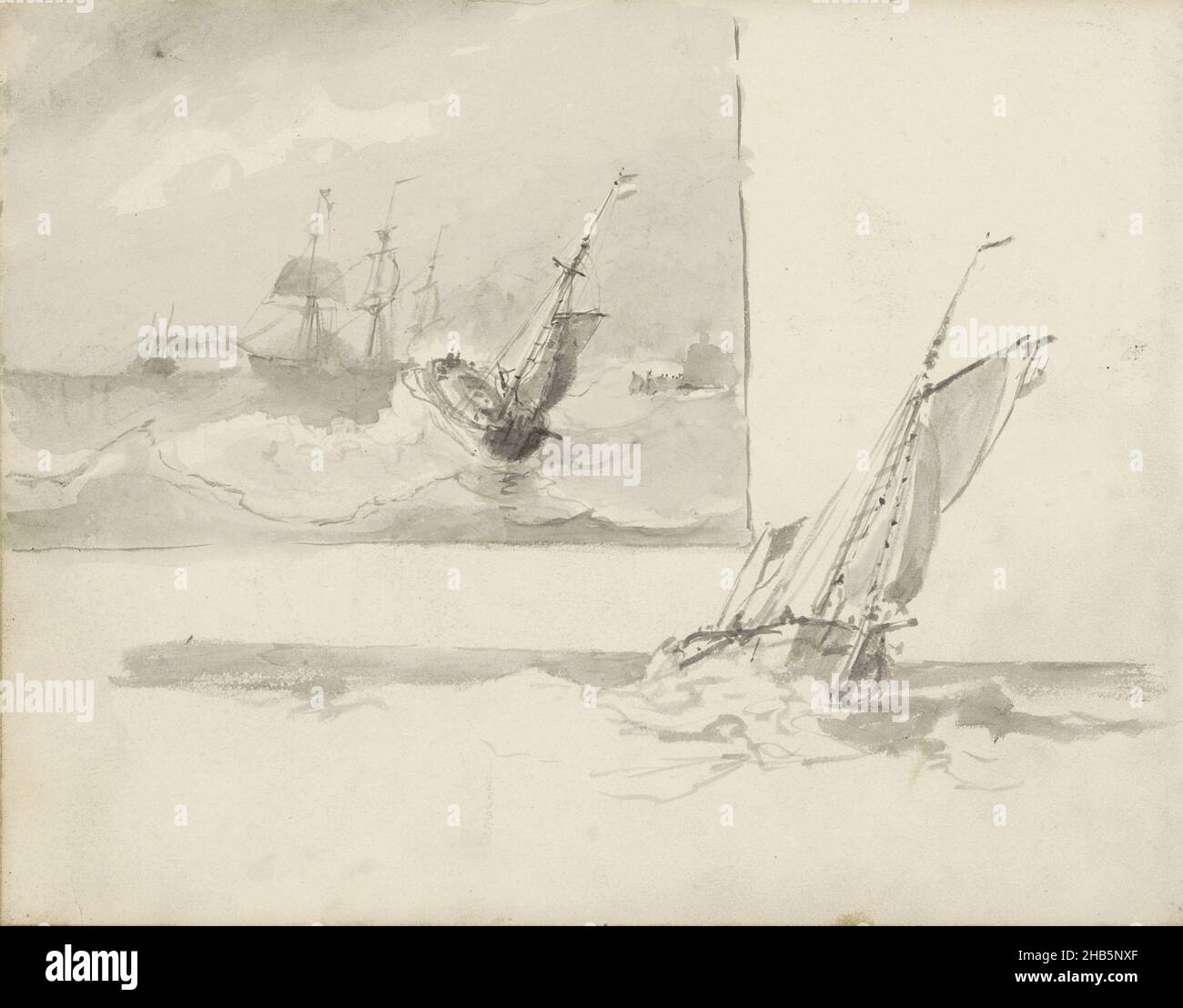 Sailing ships at sea, Drawing in a frame. Also a study of a sailing ...