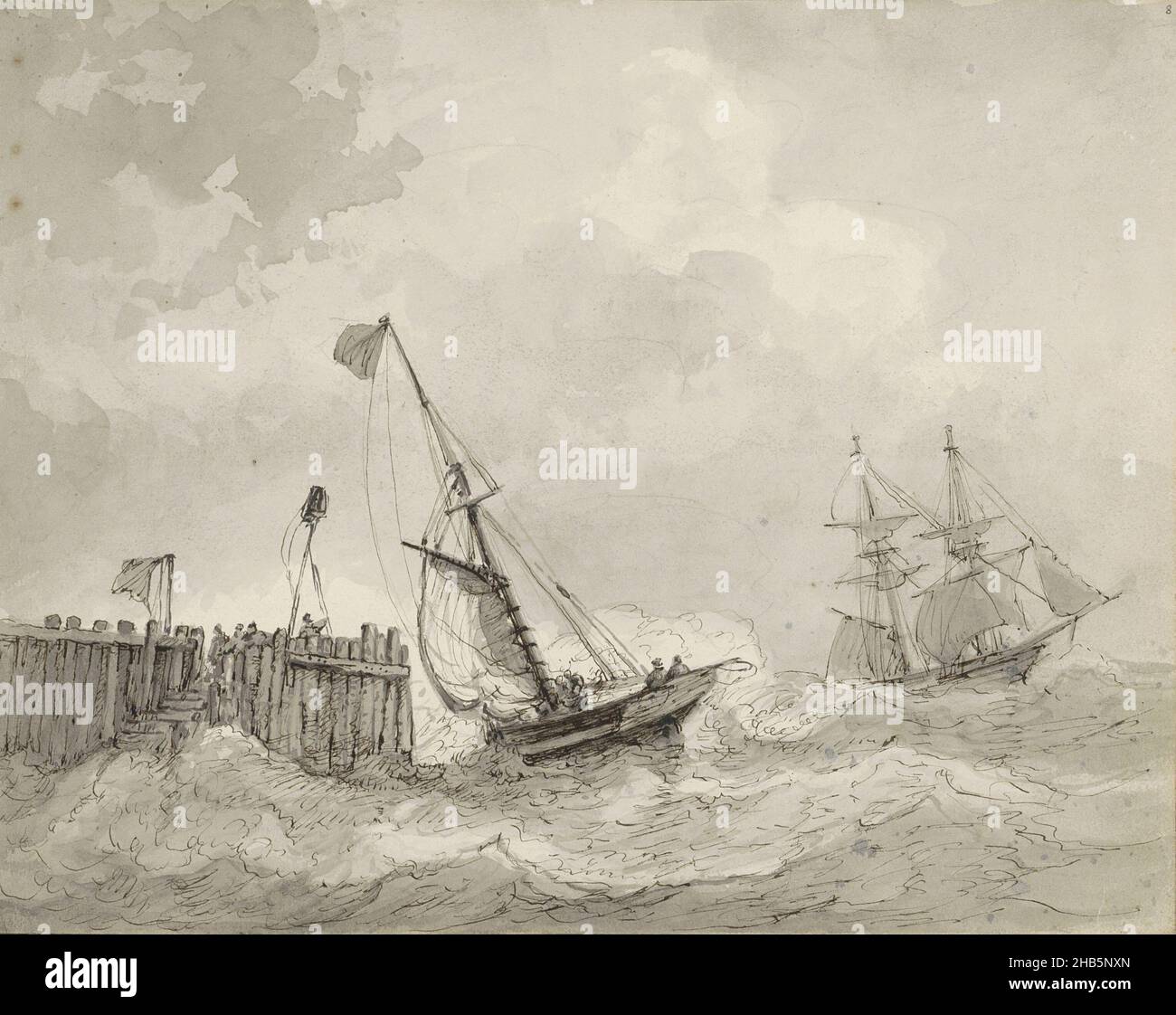 Two sailing ships at a mooring, Turbulent sea with two sailing ships ...