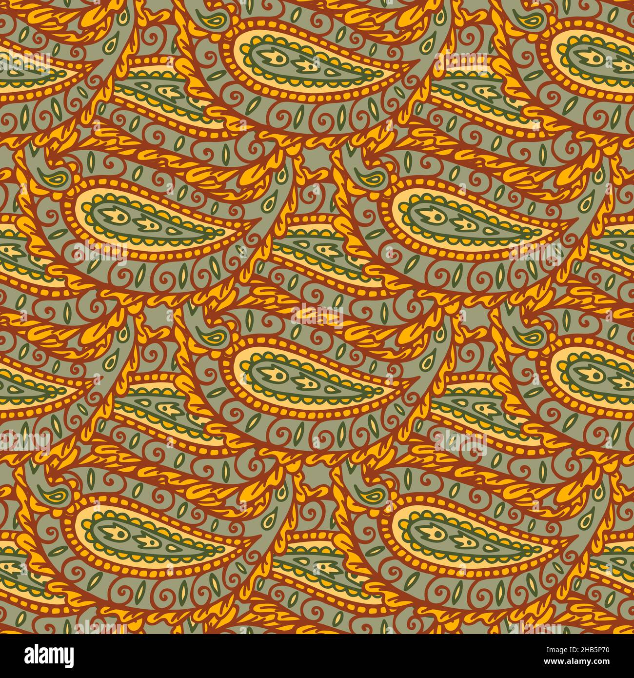 Doodle seamless paisley pattern. Yellow, brown, green color. Doodle ...