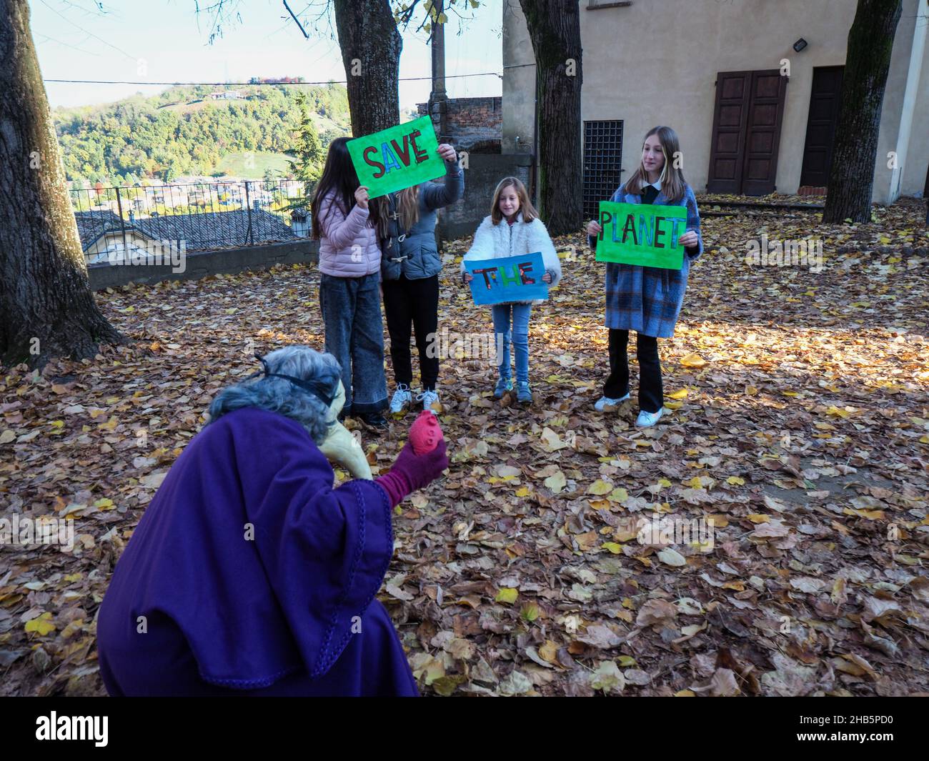 ecologist children girls playing to save the planet as evil toxic ...