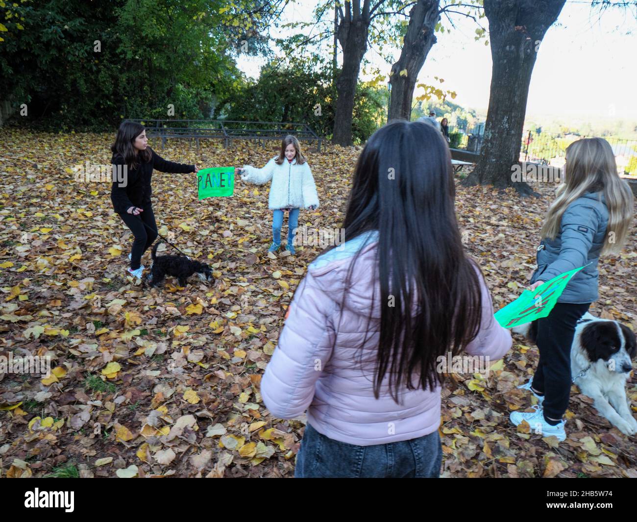 ecologist children girls playing to save the planet as evil toxic ...