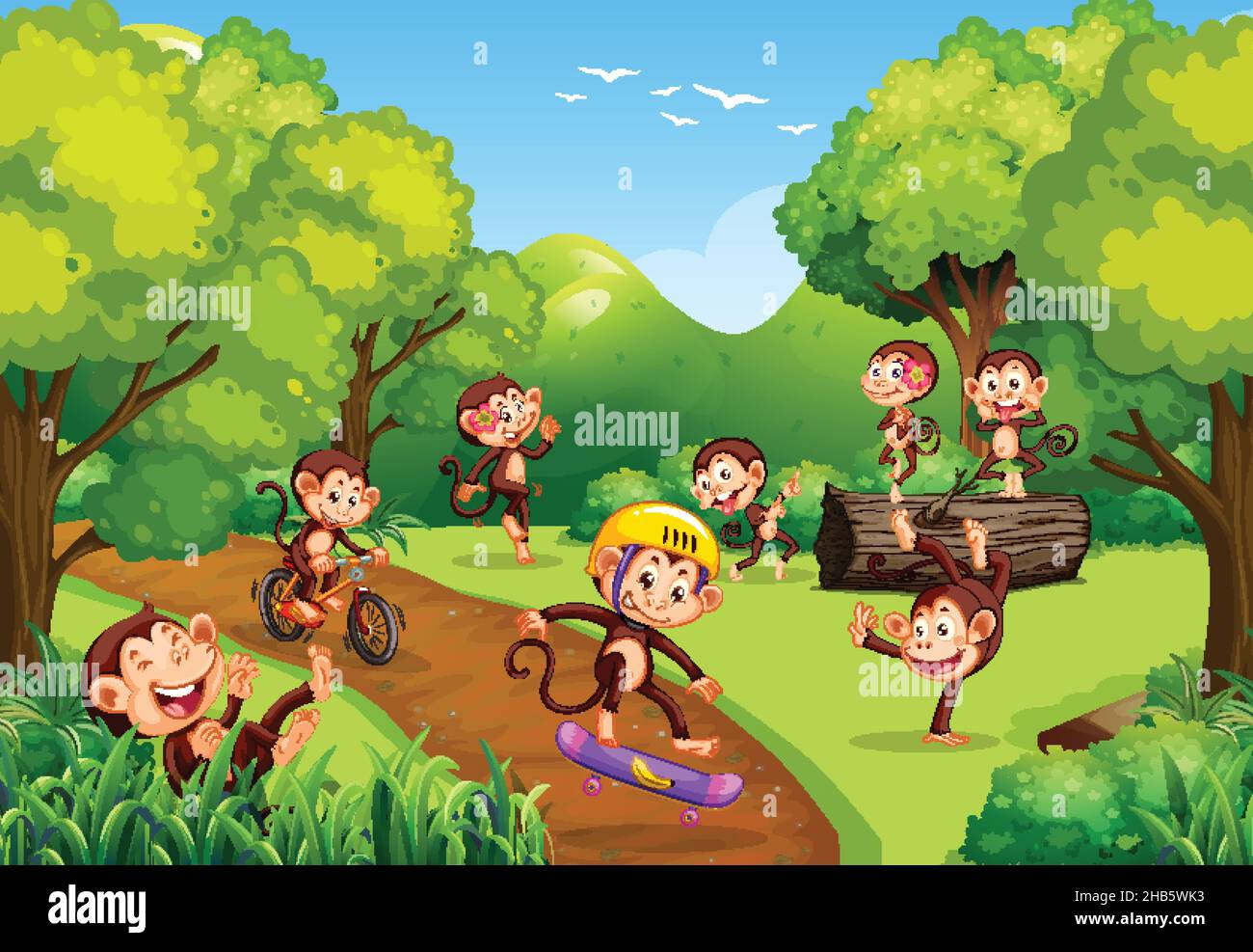 Forest scene with monkeys doing different activities illustration Stock ...