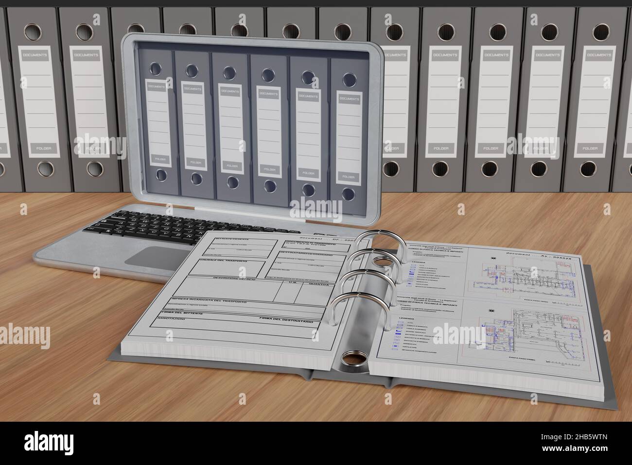 3D illustration. Computers with colored folders for storing documents ...