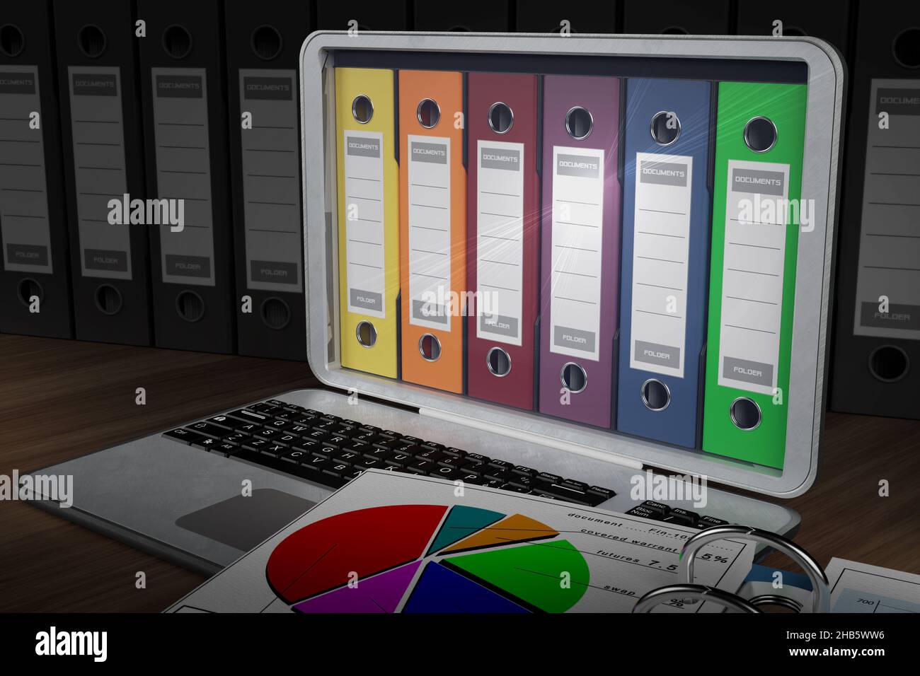 3D illustration. Computers with colored folders for storing documents ...