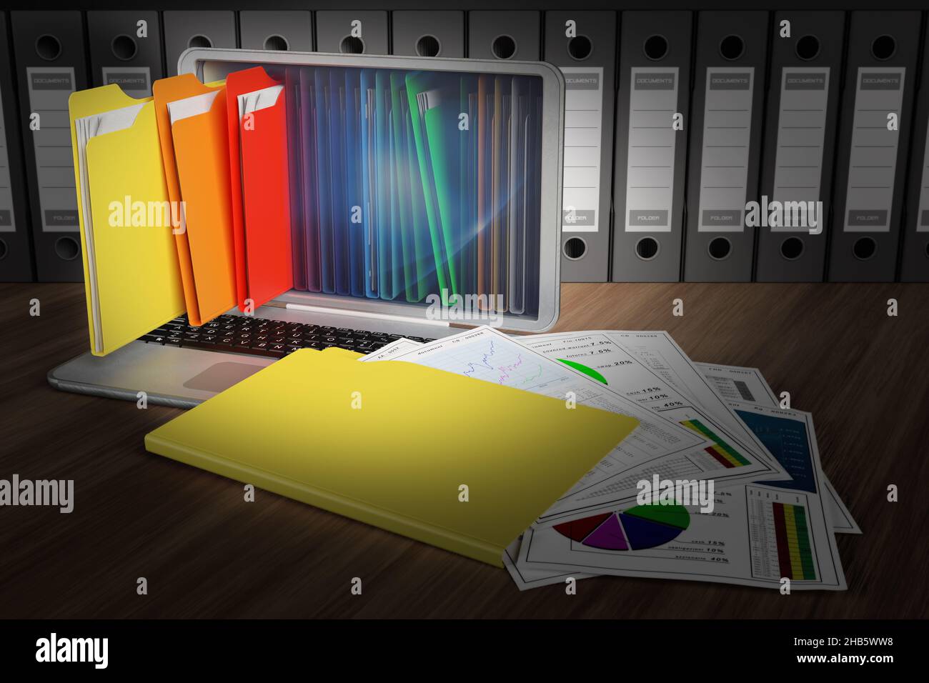 3D illustration. Computers with colored folders for storing documents ...
