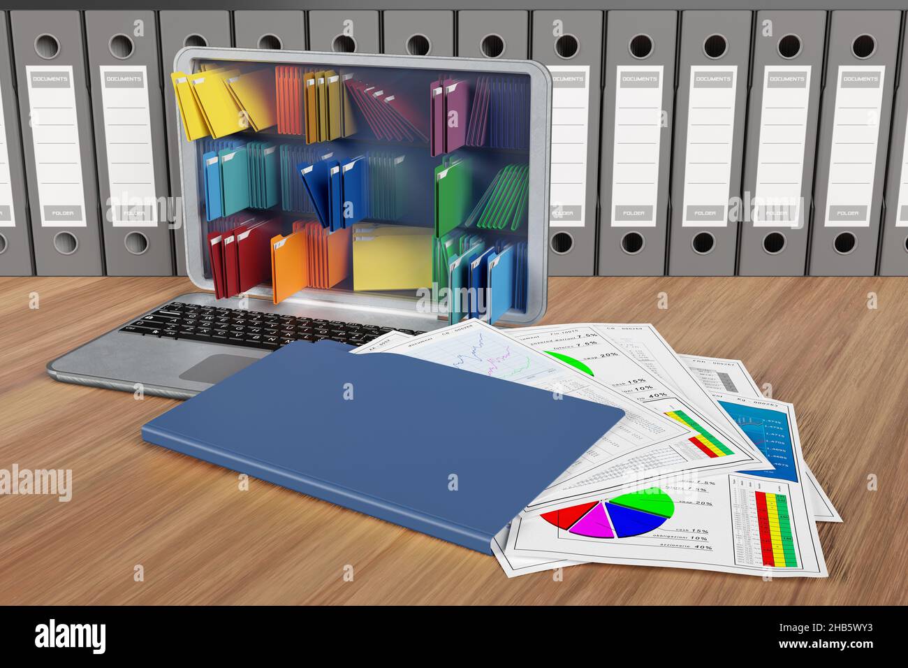 3D illustration. Computers with colored folders for storing documents ...