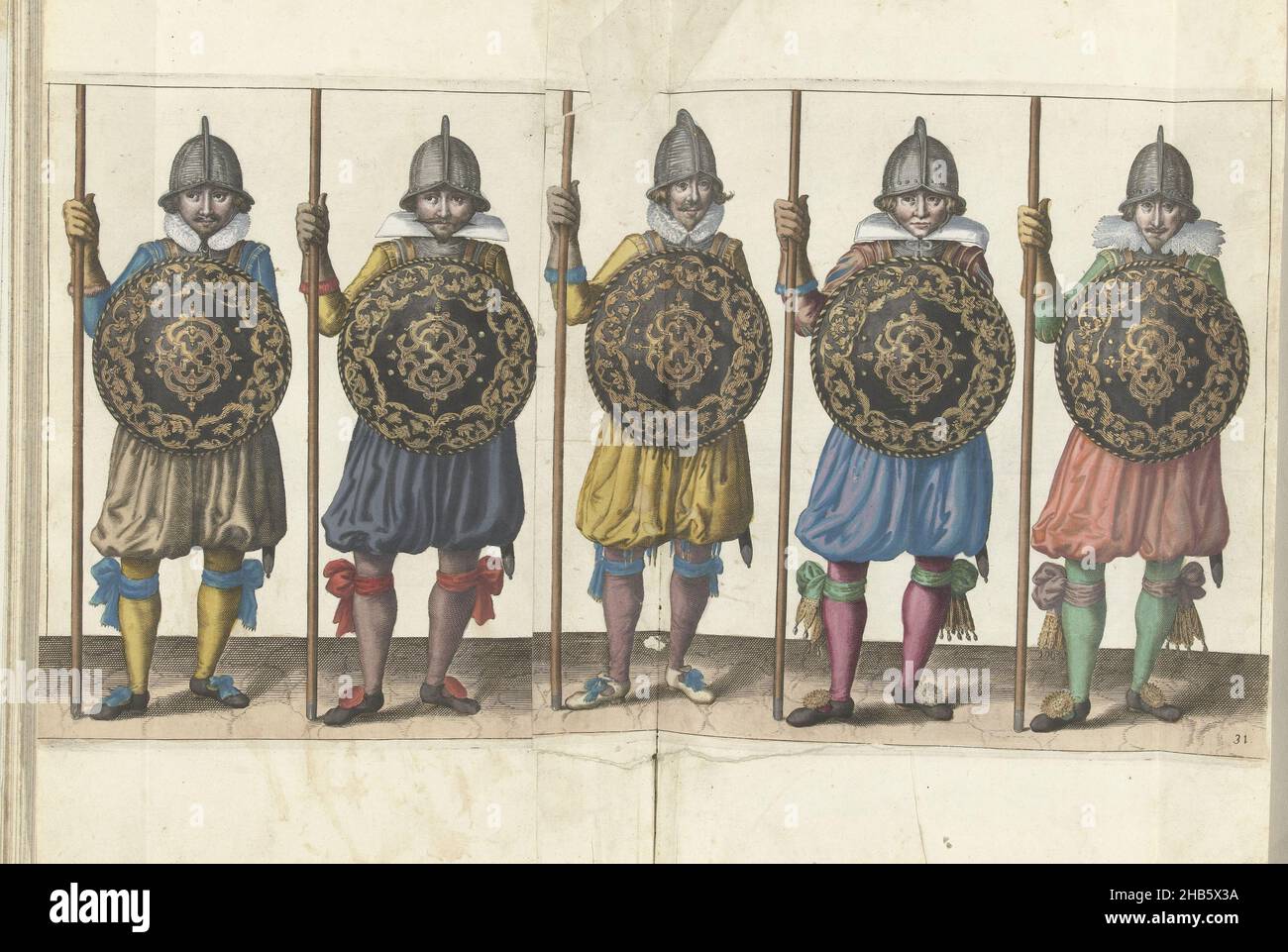 The exercise with shield and spear: five soldiers standing side by side ...