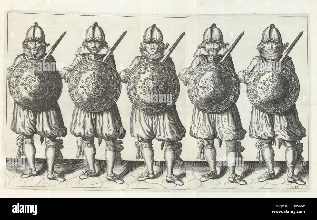 The exercise with shield and spear: five soldiers standing side by side ...