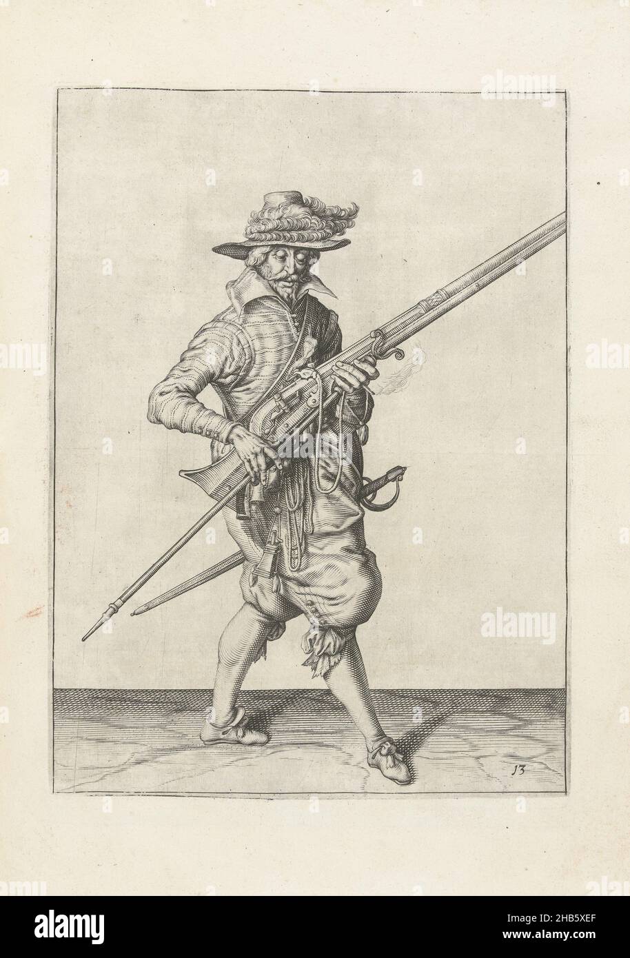 Soldier holding his musket with his left hand pointed diagonally upward ...