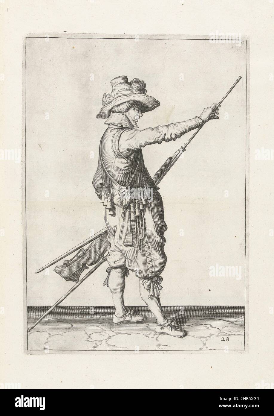 Soldier pulling his ramrod from the barrel of his musket (no. 28), c ...