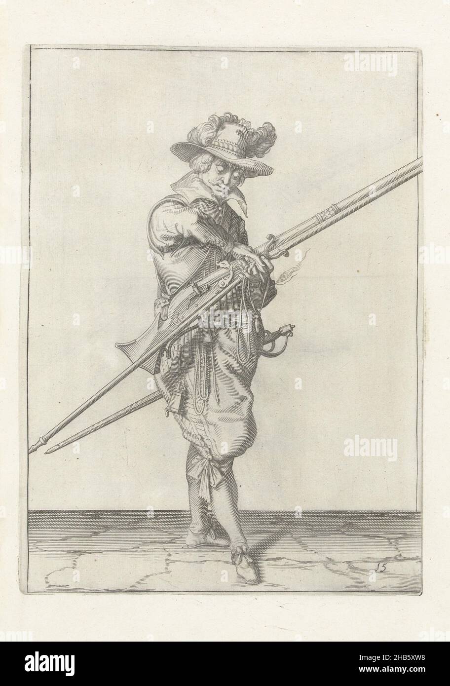 Soldier with a musket transferring his fuse from his right to his left ...