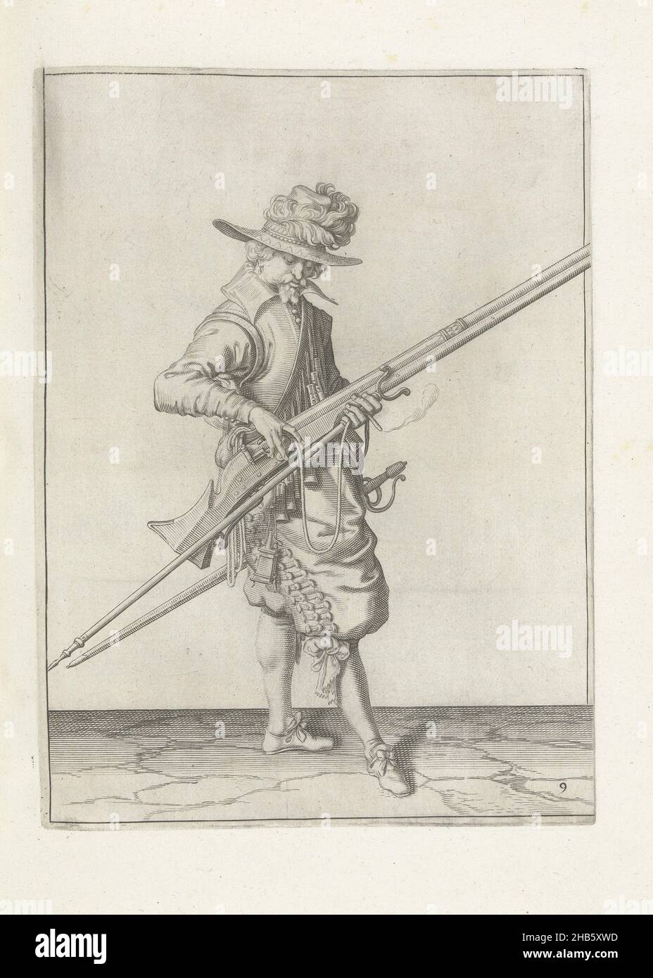 Soldier giving the fuse on the cock of his musket its proper place and ...