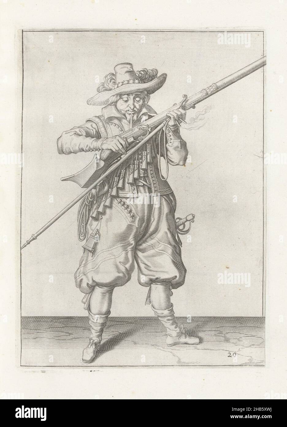 Soldier blowing powder from his musket (no. 20), c. 1600, A full-length ...
