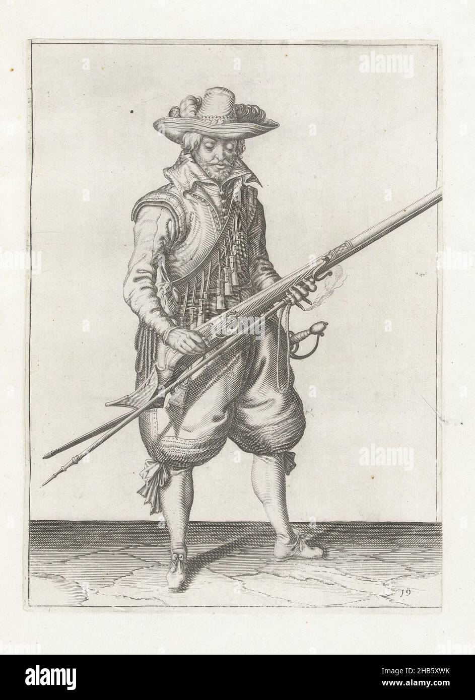 Soldier shaking gunpowder from his musket (no. 19), c. 1600, A soldier ...