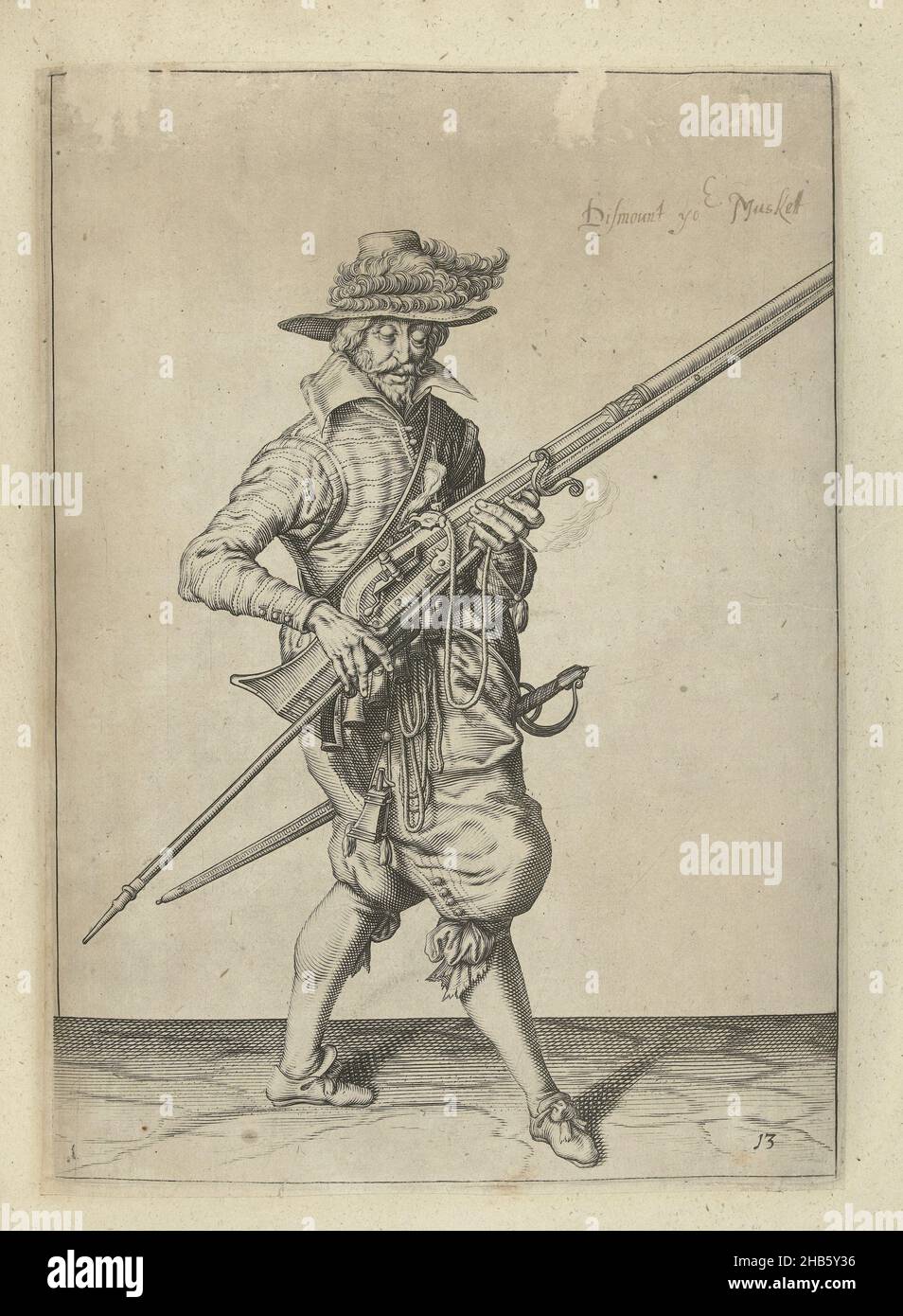 Soldier holding his musket with his left hand angled upward as he pulls ...