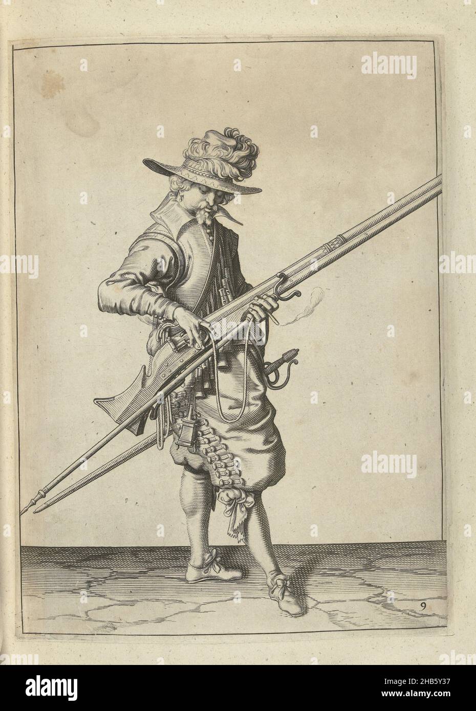 Soldier giving the fuse on the cock of his musket its proper place and ...