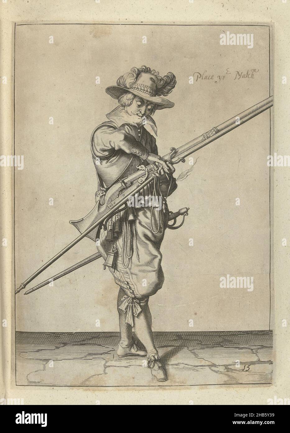 Soldier with a musket transferring his fuse from his right to his left ...