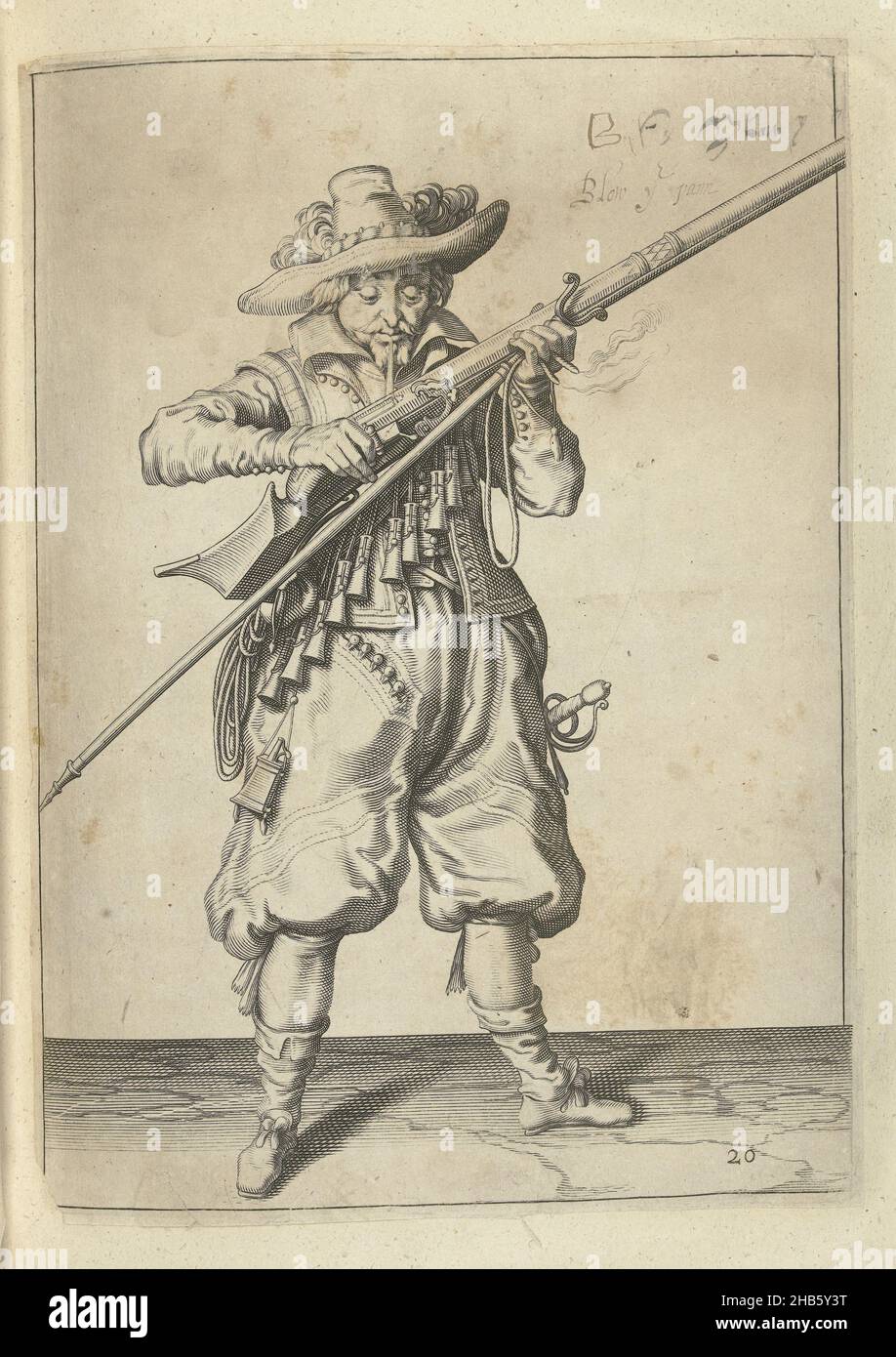 Soldier blowing powder from his musket (no. 20), c. 1600, A full-length ...
