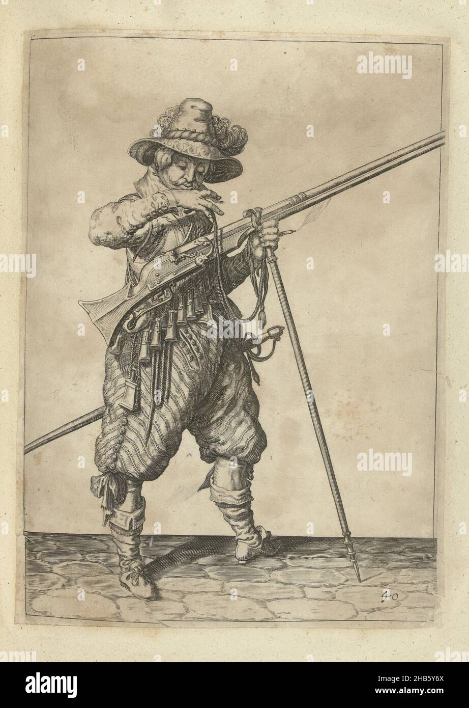 Soldier on guard with a musket bringing its fuse to his mouth to blow ...