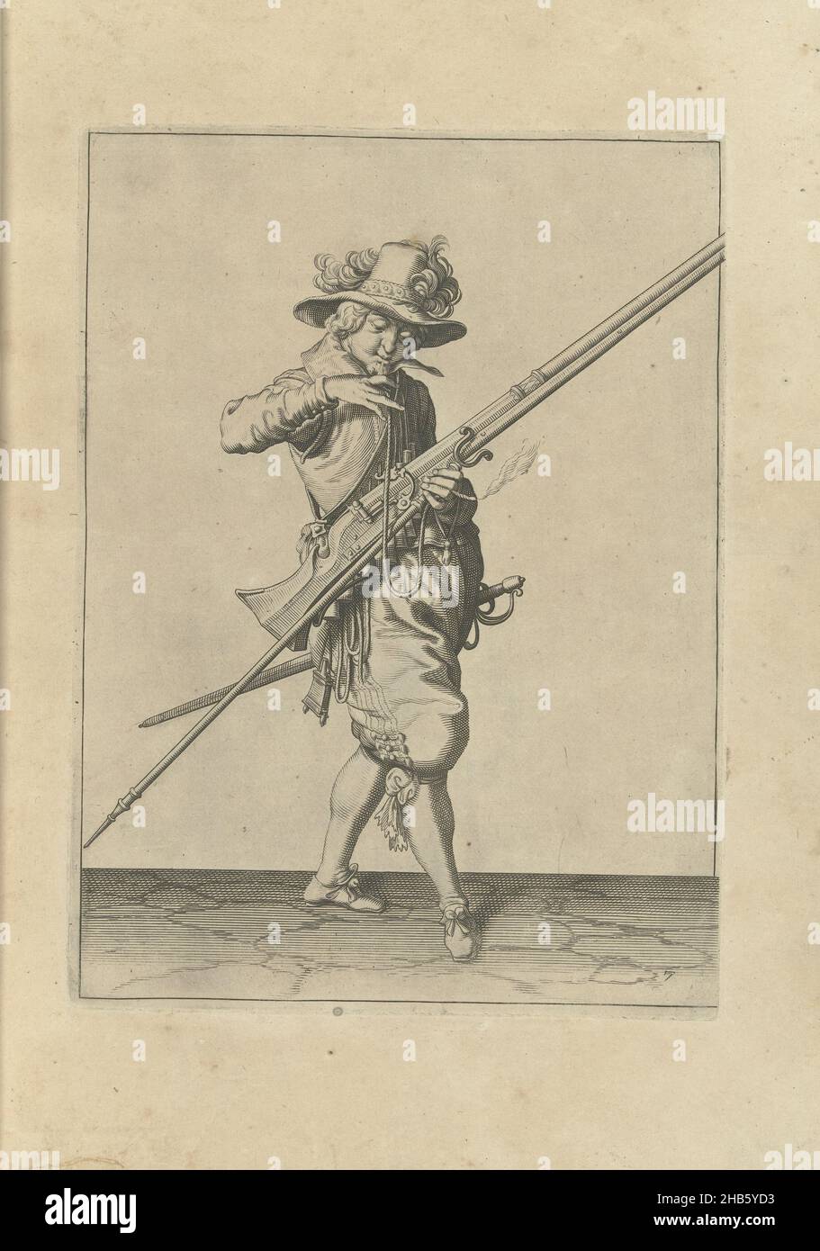 Soldier with a musket bringing his fuse to his mouth to blow it clean ...