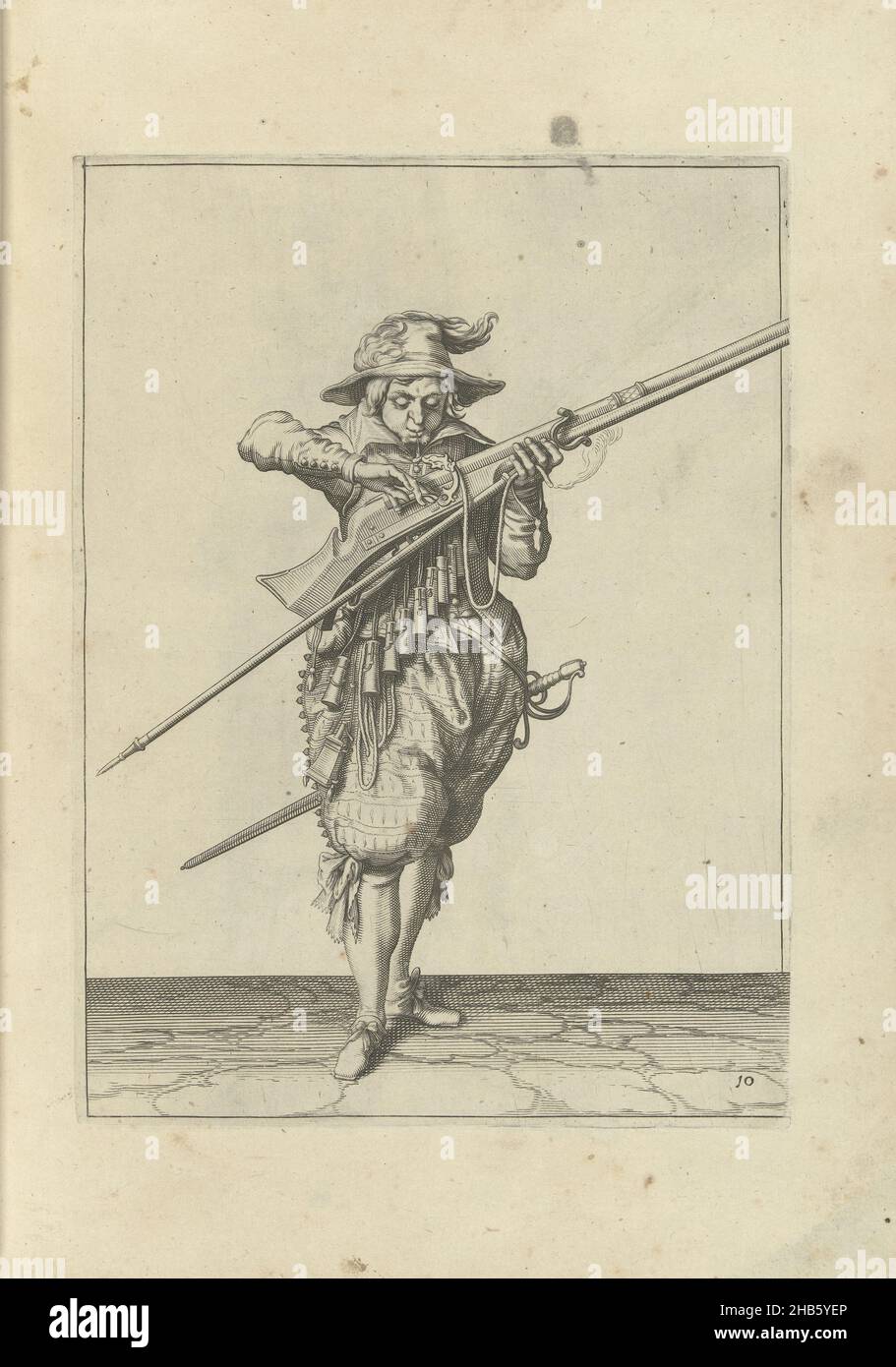 Soldier blowing his fuse clean, while covering the pan of his musket ...