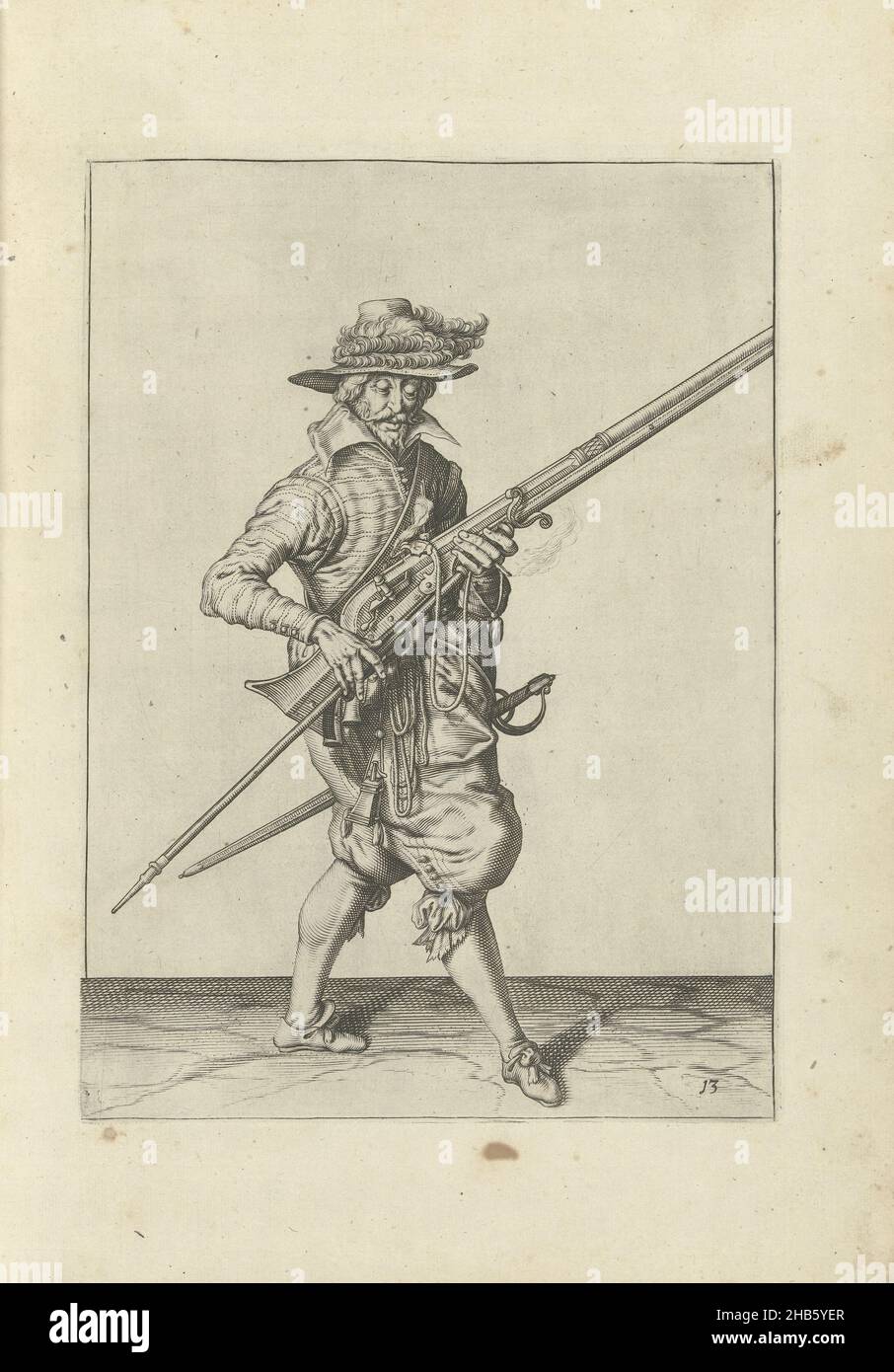 Soldier holding his musket with his left hand angled upward as he pulls ...
