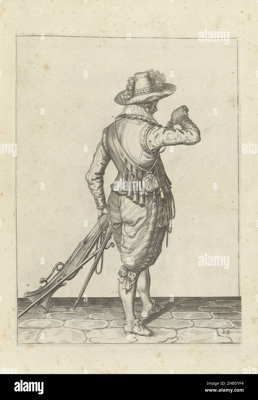 Soldier pouring gunpowder into the barrel of his musket (no. 24), c ...