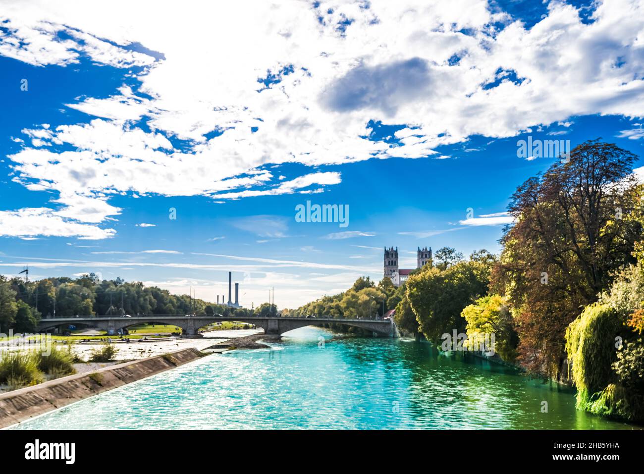 View on summer landscape by St. Maximilian church and Isar in Munich ...