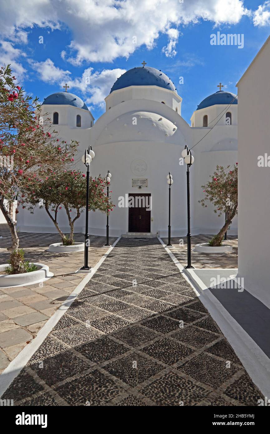 Blue domed Greek Orthodox Church of Holy Cross, Perissa, Santorini ...