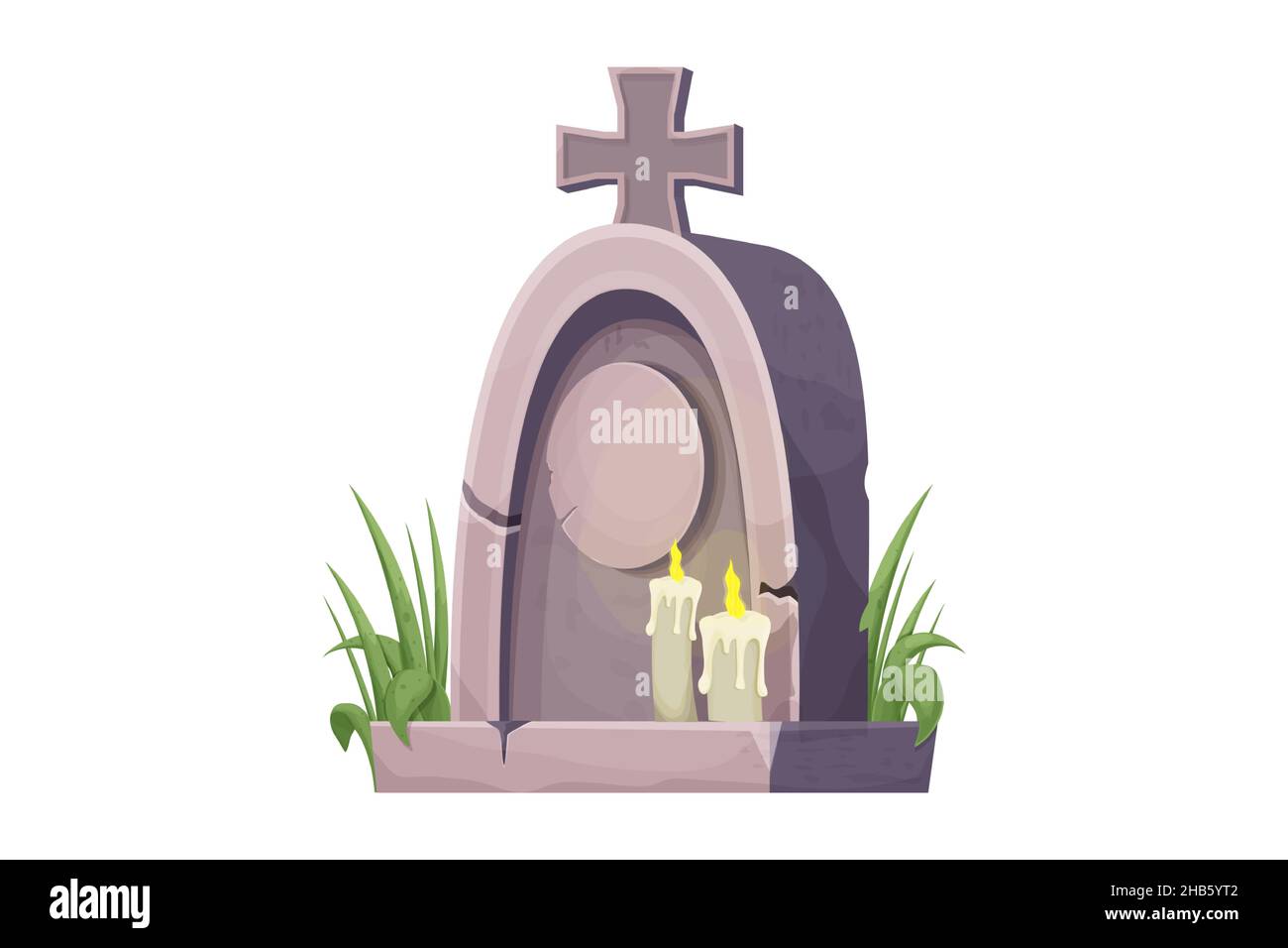 Stone grave, memorial with grass and candles in cartoon style isolated ...