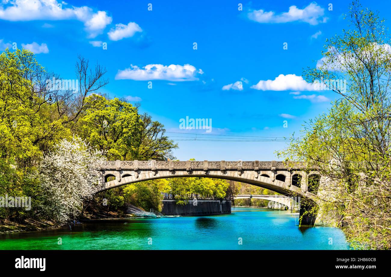 Turquoise Isar river and maximilian bridge in Munich - Germany Stock ...