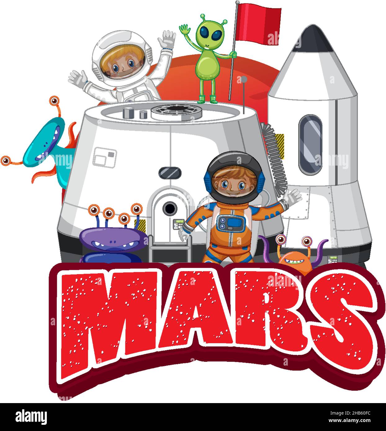 Mars word logo design with astronaut kids and aliens illustration Stock ...
