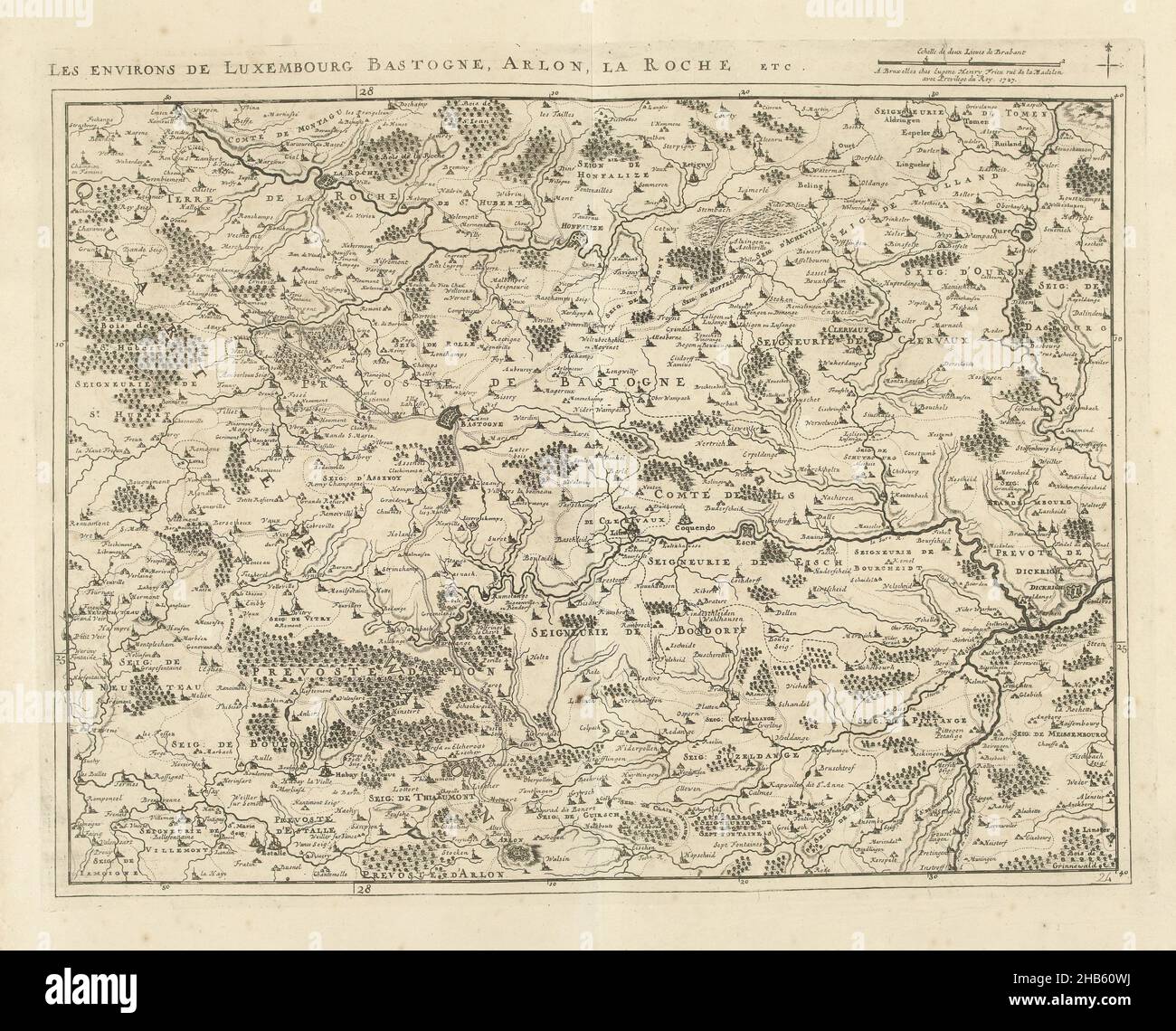 Map of Luxembourg, 1727, Les environs de Luxembourg, Bastogne, Arlon ...